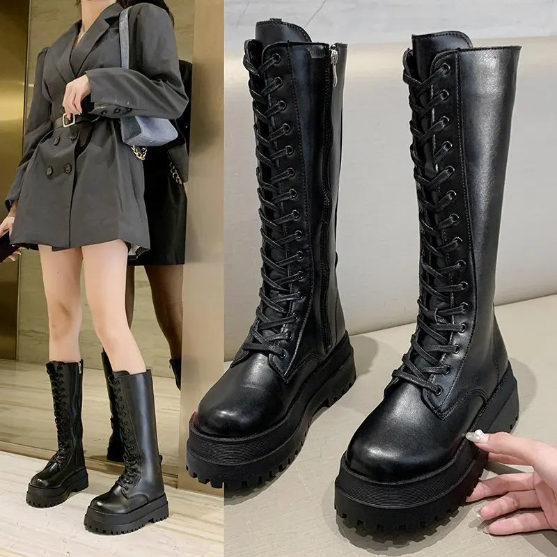 Black Knee High Lace Up Boots | CYBER TECHWEAR®