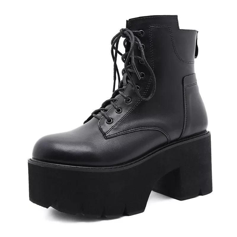Black Knee High Lace Up Platform Boots | CYBER TECHWEAR®