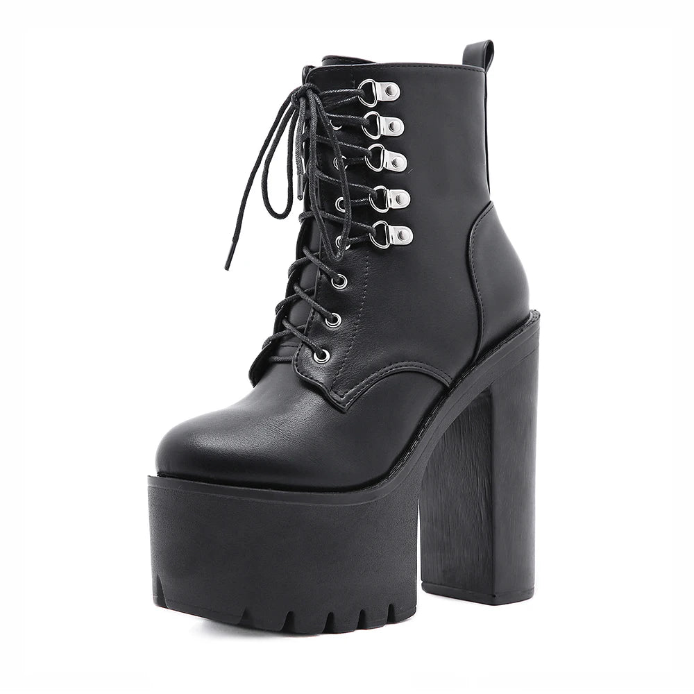 Chunky Heel Black Lace Up Boots | CYBER TECHWEAR®
