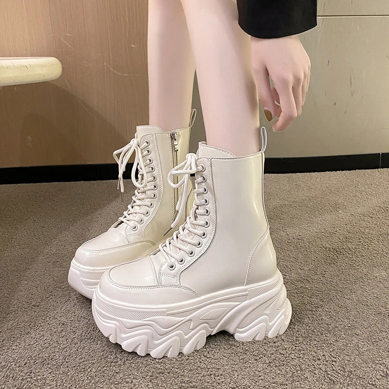 Chunky Heel Platform Boots White | CYBER TECHWEAR®