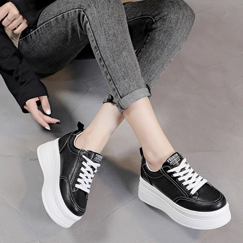 Womens Black Leather Platform Sneakers | CYBER TECHWEAR®